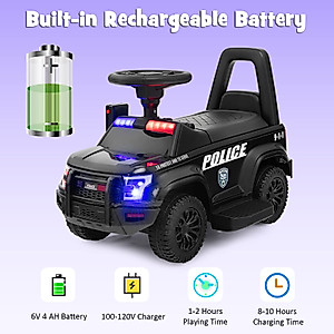 HONEY JOY Electric Ride on Push Car, 6V Foot-to-Floor Cop Push Cars for Toddlers, Megaphone, Lights, Siren, Under Seat Storage, Battery Powered Ride On Police Car for Kids Boys Girls 1-3, Black