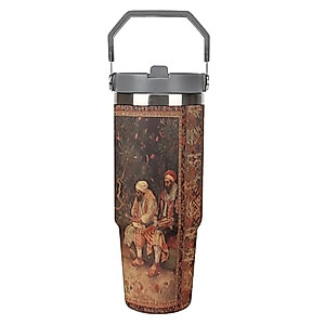 RTFGHJS Antique Orientalist Art 30 Oz Tumbler with Handle And Flip Straw, Stainless Steel Vacuum Insulated Travel Mug, Thermal Cup for Coffee, Water, Iced Drinks, Fits Car Cup Holders (Home, Sports)