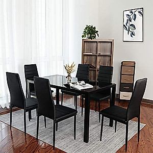 BAHOM 7 Piece Kitchen Dining Table Set for 6, Glass Dining Table and 6 Chairs PU Leather for Breakfast (2 Boxes)