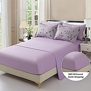 Yiran 7 Pieces Bed in a Bag Purple Botanical Plant Flowers Comforter Set Soft Microfiber Bedding Queen Comforter Sets with 1 Comforter 2 Pillowshams 1 Flat Sheet 1 Fitted Sheet and 2 Pillowcases