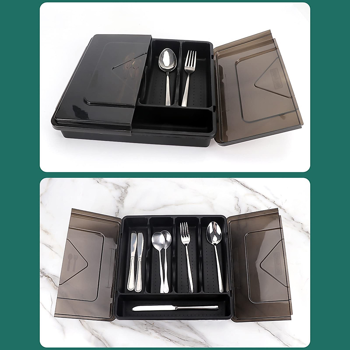 RNCOZE Utensil Holder for Countertop with Lid, 5 Compartments Flatware Organizer, Portable Flip Cover Silverware Organizer Storage Case, Plastic Silverware Tray for Drawer Countertop