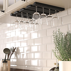 Rustic State Vigo 4 Sectional Adjustable Under Cabinet Mount Wood Stemware Rack Hanging Shelf Glassware Holder Bar Organizer with up to 12 Wine Glass Storage 12 Deep Long Black