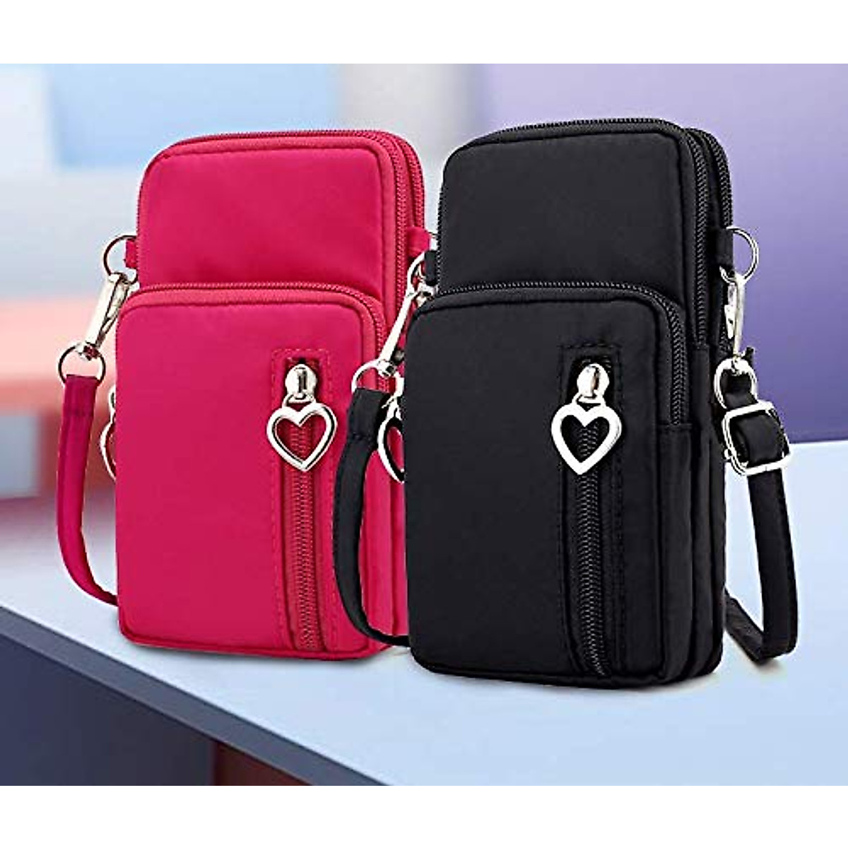 Women Nylon Cell Phone Purse Wallet Pouch Mini Crossbody Shoulder Bag Zip Handbag with Card Pocket (Pink)