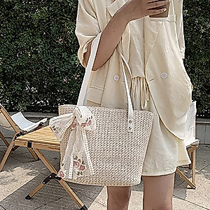QTKJ Women Large Straw Beach Tote Bag Summer Hand-woven Bags Shoulder Bag Leather Handle Beach Handbags with Cute Lace Bow Small (White)