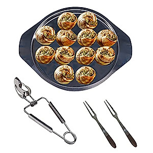 Proshopping 4 PCS Stainless Steel Snail Escargot Plate Set, Large Escargot Baking Dish Platter with Tong and 2 Forks, Round Mushroom Escargot Serving Tray, French Escargot Grill Pan, 12 Holes - (8.7")