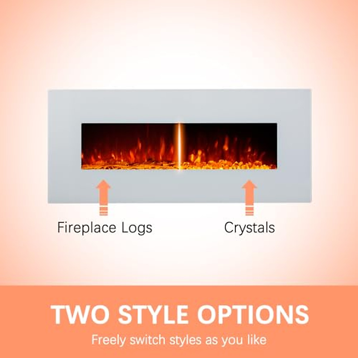 Amerlife 50" Electric Fireplace Wall-Mounted, Fireplace Heater with Timer, Remote Control, Adjustable Flame Brightness, Log Set & Crystal Options, White