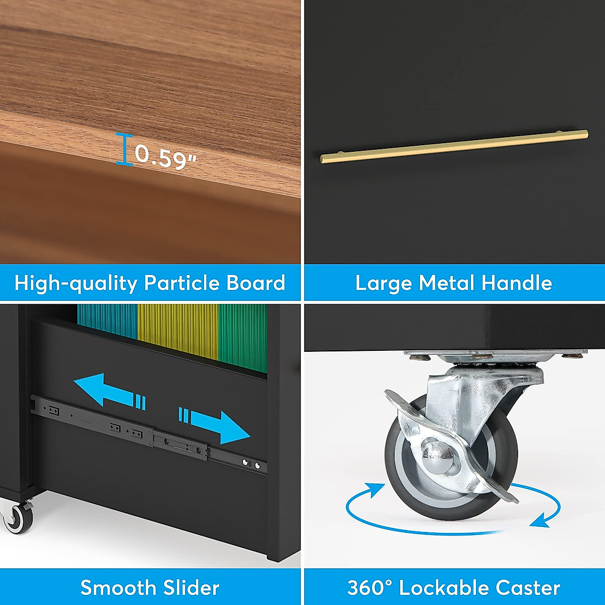 Tribesigns 2 Drawer File Cabinet Rolling Filing Cabinets for Home Office Black lateral File Cabinet Wood File Cabinet for Letter Size, Printer Stand with Rolling Wheel and Open Storage Shelves