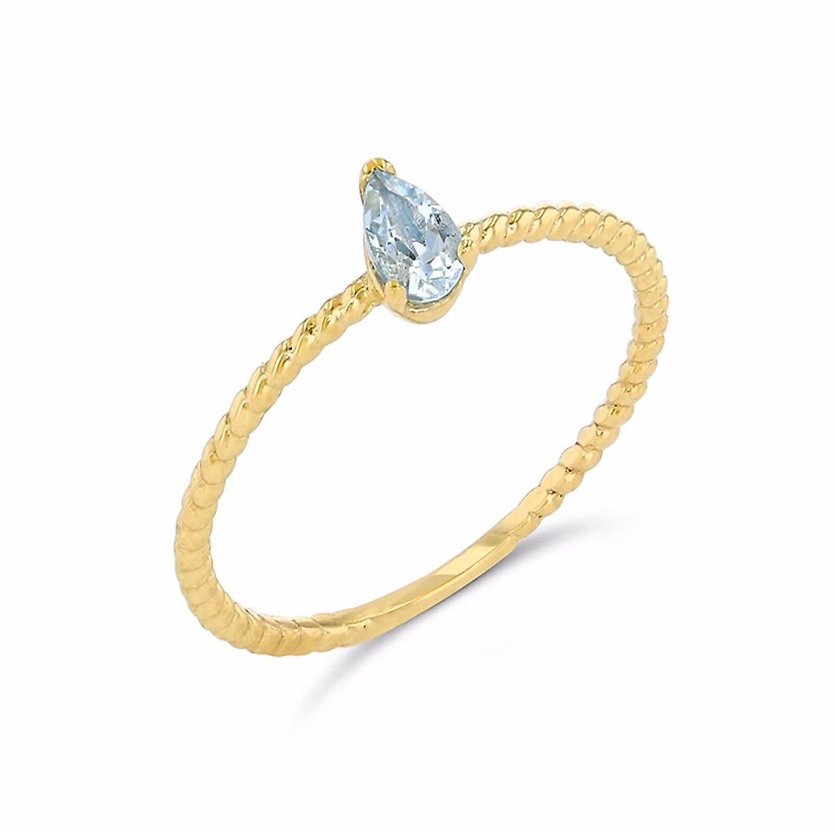 Dainty 10k Yellow Gold Solitaire Aquamarine Pear-Shaped Modern Engagement Rope Ring (Size 6)
