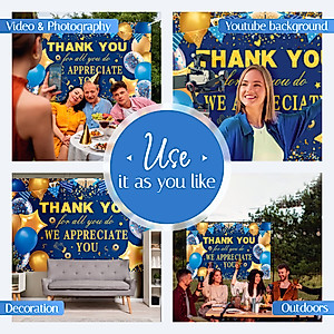 Thank You Banner Backdrop Stand - Reusable We Appreciate You Banner for Staff Appreciation Gifts Ceremony - Gold Blue Teacher Appreciation Decorations - Volunteer Appreciation Decorations - Durable Fabric