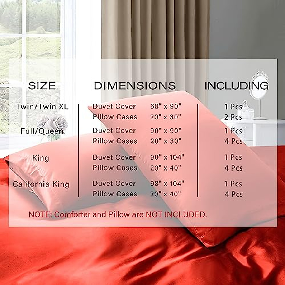 P Pothuiny 5 Pieces Satin Duvet Cover King Size Set, Luxury Silky Like Red Duvet Cover Bedding Set with Zipper Closure, 1 Duvet Cover + 4 Pillow Cases (No Comforter)