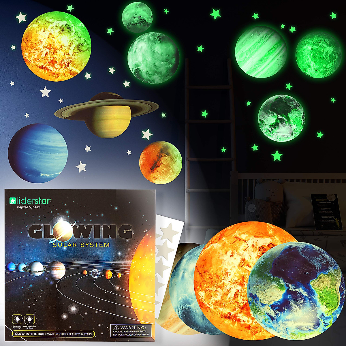 Glow in The Dark Stars and Planets, Bright Solar System Wall Stickers -Glowing Ceiling Decals for Kids Bedroom Any Room,Shining Space Decoration, Birthday Christmas Gift for Boys and Girls (Green)