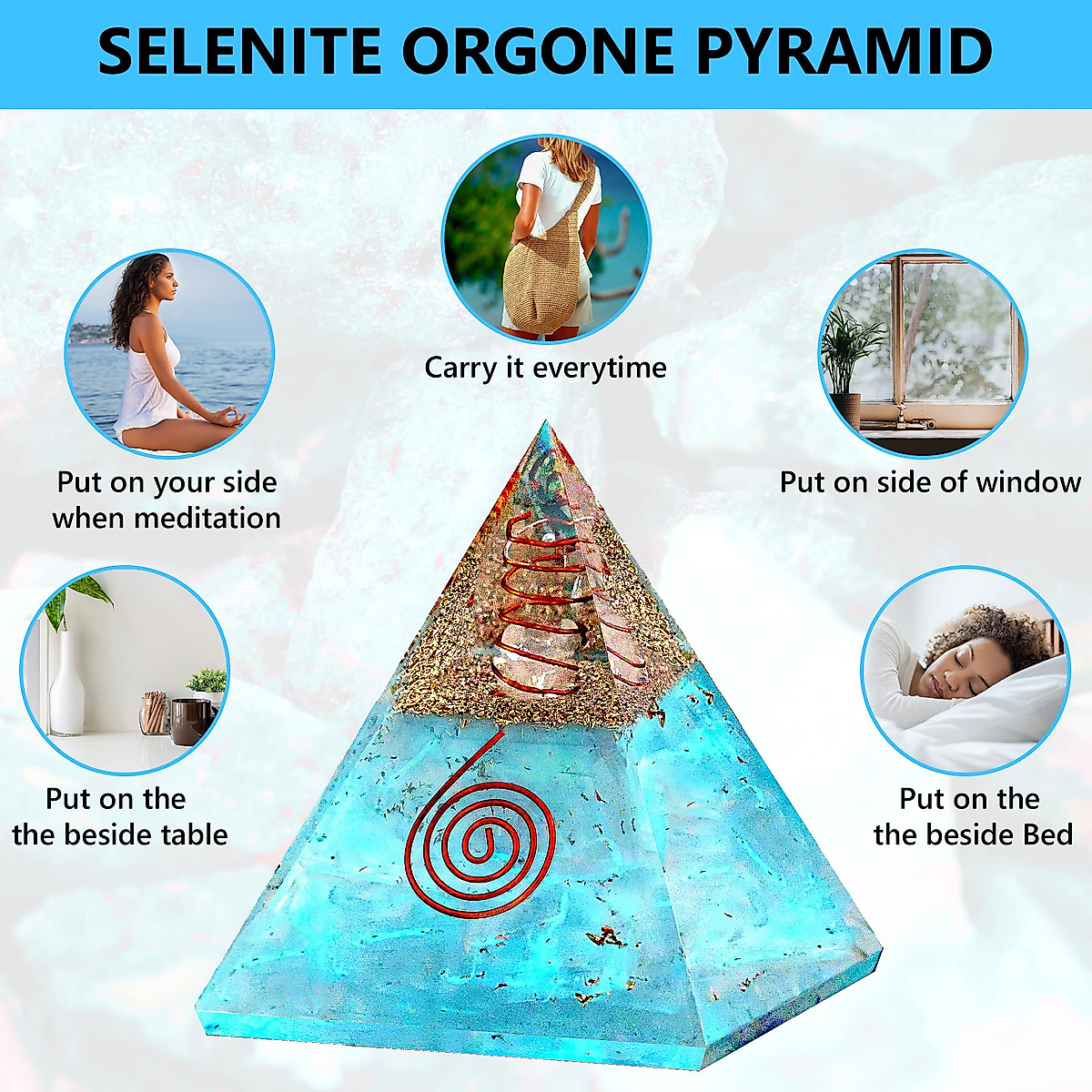 Anaya Agate Selenite Glow Crystal Pyramid – Handmade Selenite Orgone Pyramid for High Frequency Vibration, Powers of Manifestation – White Copper Pyramid Promotes Peace and Calmness