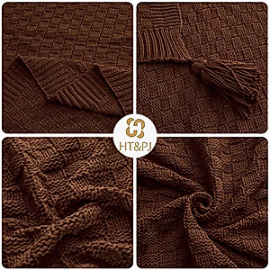 HT&PJ Knit Throw Blanket Cotton Throw Blanket with Tassels Super Soft Warm Cozy Solid Decorative Blanket for Bed, Sofa, Couch, Living Room All Seasons-Caramel, 50"×70"