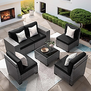 VONZOY Patio Furniture Set, Outdoor Sectional Sofa Sets, 6 Pieces Wide Armrest Grey PE Rattan Wicker Seating Conversation Set, 4'' Thickened Cushions 1 Glass Coffee Table for Backyard Poolside, Black