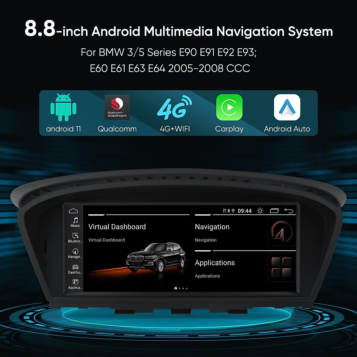 for BMW 3 5 Series E60 E61 E63 E64 E90 E91 E92 E93 2005-2008 Upgrade Radio Car Stereo Qualcomm 665 Otca Cores Built-in 4G LTE GPS Navigation Wireless Apple CarPlay Android Auto 8.8 inch Touchscreen