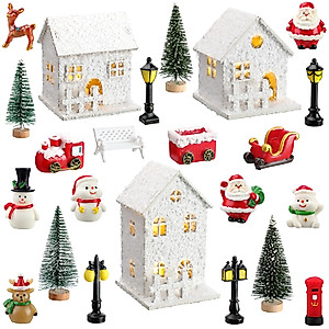 Maitys 26 Pcs Christmas Village Sets Houses LED Lighted Accessories Town Scene Christmas Figurines Battery Operated for Desktop Holiday Miniature Decorations