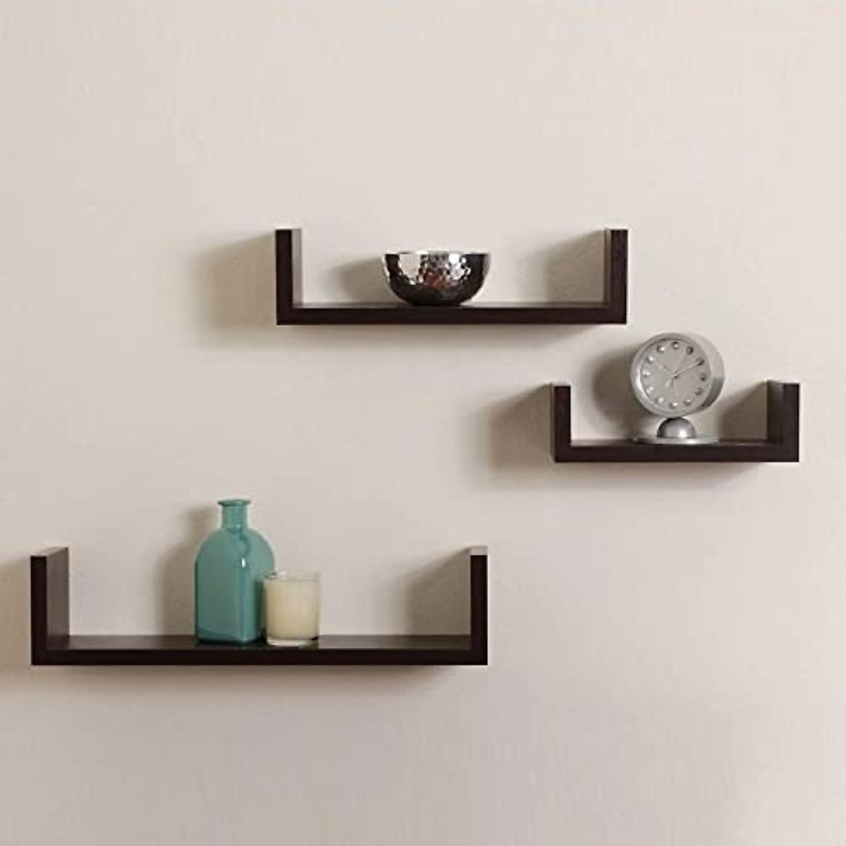 Danya B. Contemporary Laminated MDF Floating U Wall Decor Shelves, Bathroom or Living Room Wall Decor, (3 Shelf Pack) (Walnut)