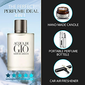 Acqua Di Gio Cologne for Men 3.4 oz.EDT TESTER Spray - Gift Set Pack With Lavender Soy Candle, Car Air Fresheners, and Empty Travel Perfume Atomizer