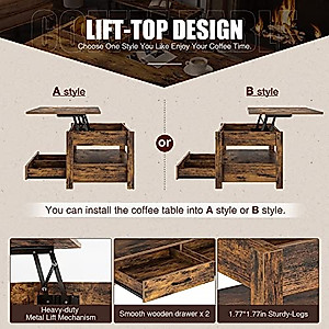 Rolanstar 47" Lift Top Coffee Table with Drawers and Hidden Compartment, Retro Central Table with Wooden Lift Tabletop, for Living Room, Rustic Brown