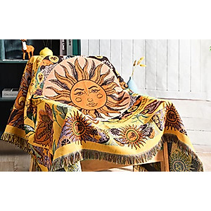 Shesyuki Boho Throw Blanket Reversible Cotton Bohemian Tapestry Hippie Room Decor Outdoor Blanket Double Sided (National Sun Pattern Yellow 50"x60")