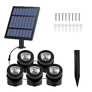 T-SUN Solar Pond Lights, 5 Headlamp RGB LED Spotlights Color Changing Submersible Fountain Lights, Underwater Solar Fish Tank Light Adjustable Lighting Angle for Garden Fountain, Pond, Pool Decoration