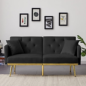 Antetek Convertible Futon Sofa Bed, 59-inch Modern Velvet Sleeper Sofa Small Loveseat with Two Pillows, 3 Adjustable Positions and 6 Golden Metal Legs Furniture for Living Room and Bedroom, Black
