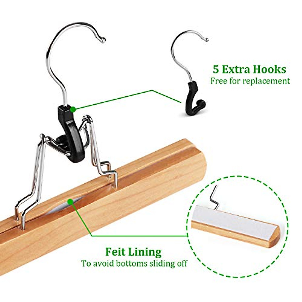 Wooden Pant Hangers, Lemonfilter 12 Pack Pant Hangers Wood with Non Slip Padded Velvet, Non Slip Pants Pangers with 360° Swivel Hook, Natural Wooden Dress Pants Hangers for Men, Skirts, Trousers, Wigs