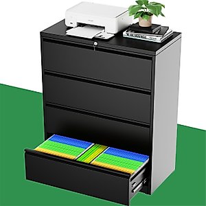 Greenvelly 4 Drawer Lateral File Cabinet with Lock, Locking Filing Cabinet, Metal Steel File Drawers Cabinet for Home Office, Horizontal File Cabinets for Legal/Letter/A4/F4 Size with Hanging Bars&Key