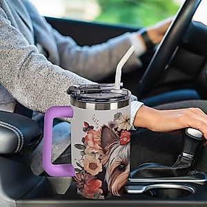 WYUSPGK 40oz Stainless Steel Car Mug, Yorkie Floral Print Travel Mug, Double-Wall Insulated with Straw, Perfect for Car, Office, Outdoor