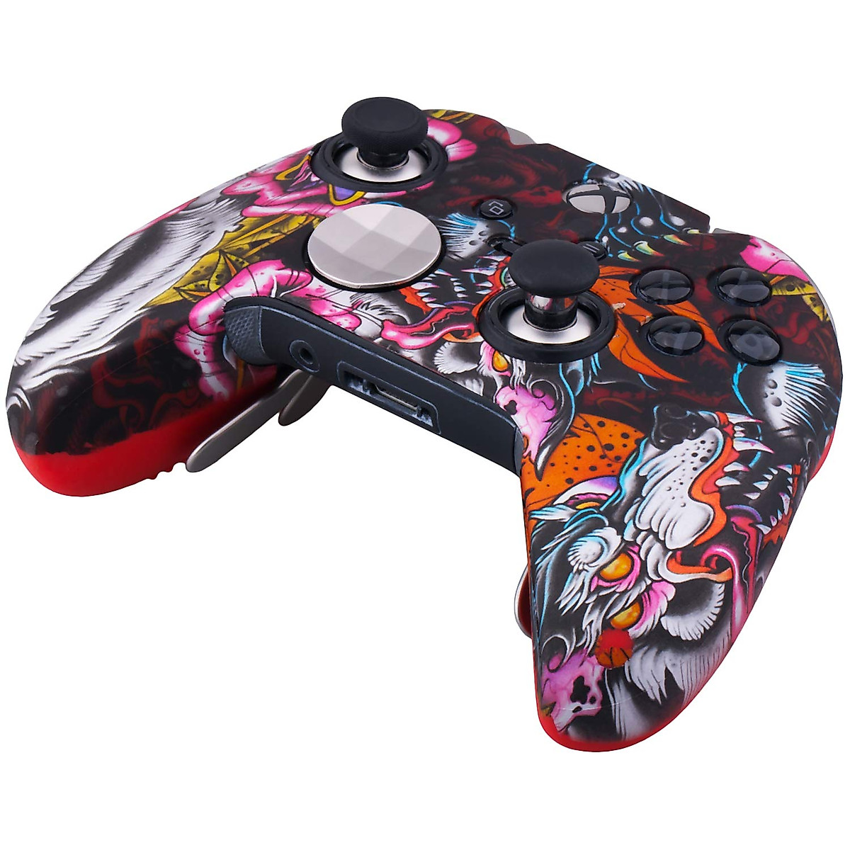 9CDeer 1 x Protective Customize Transfer Print Silicone Cover Skin Loong Red + 6 Thumb Grips Analog Caps for Xbox Elite Wireless Controller Compatible with Official Stereo Headset Adapter