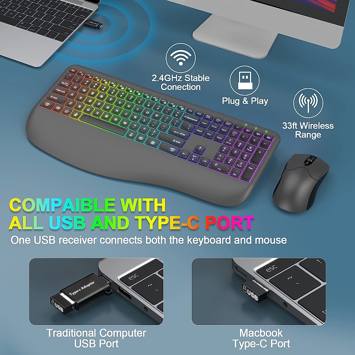 Wireless Keyboard and Mouse Combo with 7 Colors Backlit, Wrist Rest, 2.4G Rechargeable Ergonomic Full Size Light Up Wireless Keyboard and Mouse Set for Computer, PC, Mac, Laptop, Chromebook (Grey)