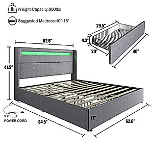 LUXOAK Queen LED Bed Frame with Wingback Headboard & 4 Storage Drawers, Upholstered Platform Bed with USB & USB-C Ports, App/Remote Control, Box Spring Optional, Light Grey…