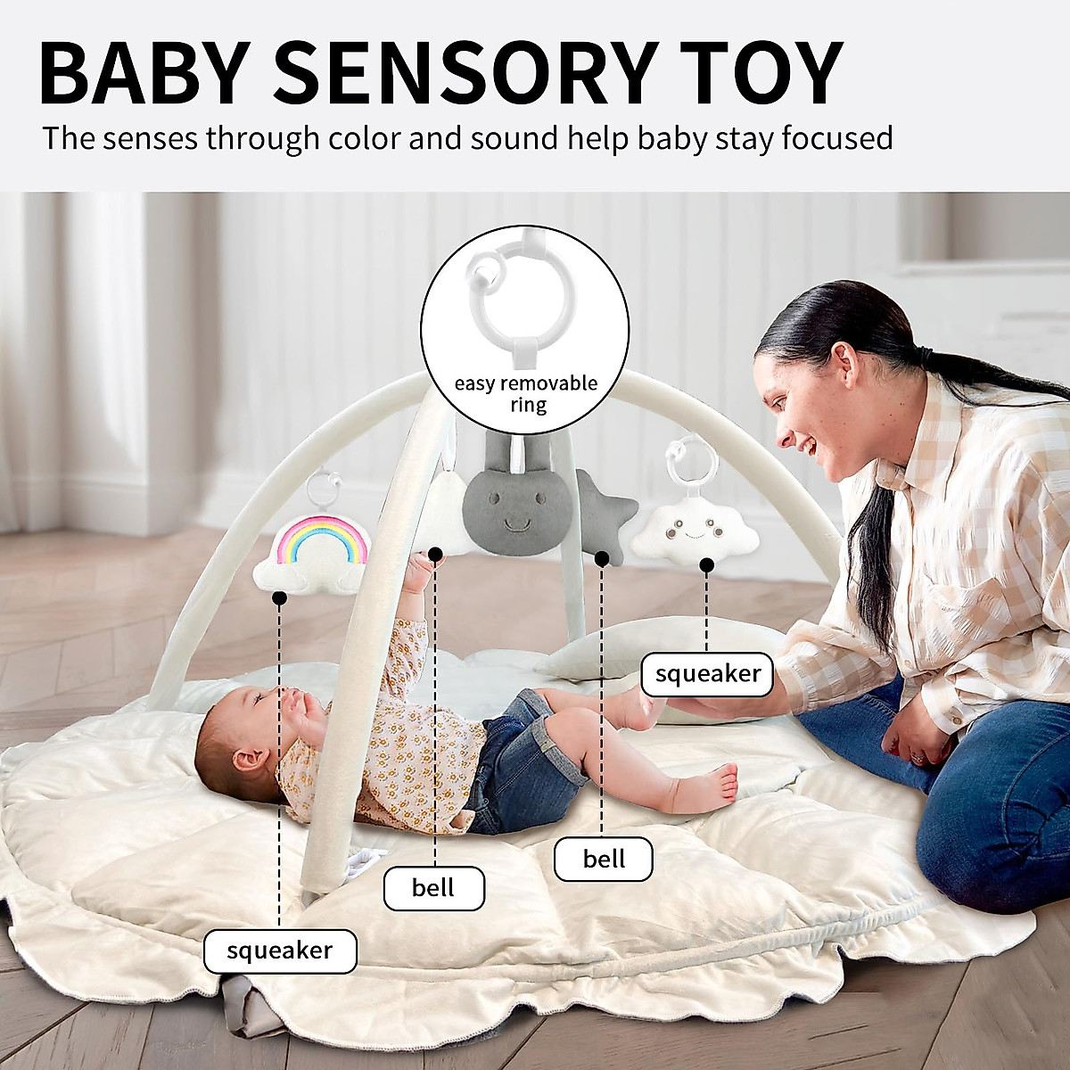 Aokeyee 5 in 1 Thick and Plush Baby Play Gym Mat,Activity Gym & Play Mat with Moon Pillow,Convertible Stage-Based Developmental from Baby to Toddler