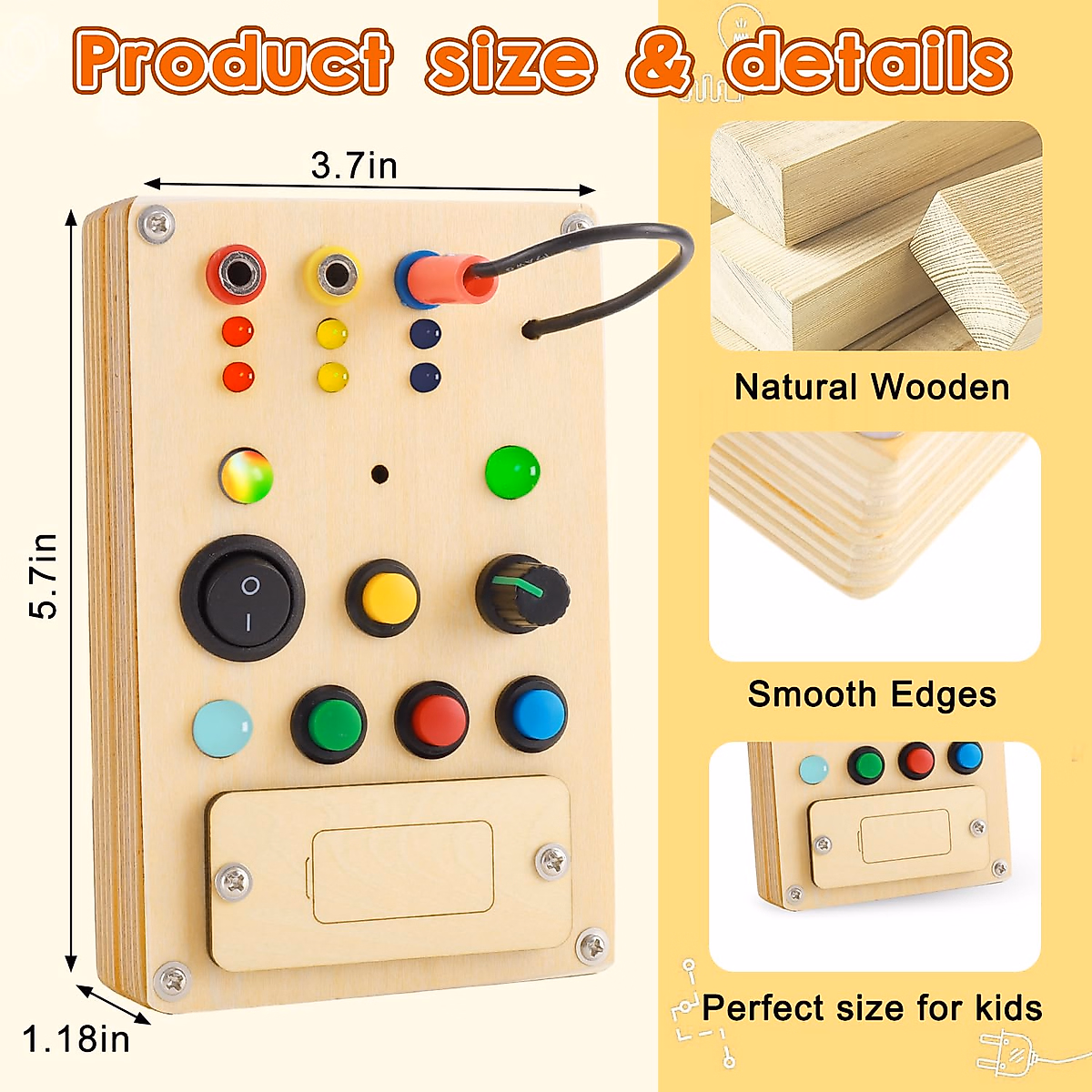 Montessori Busy Board Toddler Toys,Wooden Sensory Toys for Toddlers 1-3 with LED Light Up Buttons Baby Educational Toy Gifts for Kids 2-4 Fidget Toy (pluggable Wire Busy Board)