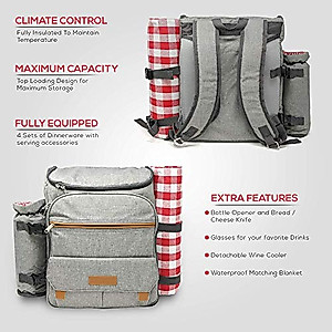 Nature Gear Picnic Backpack for 4 - Picnic Kit - 4 Person Insulated Picnic Set and Wine Backpack with Picnic Plates, Utensils, Cutlery, Waterproof Blanket, Cooler, and More - XL Classic Red