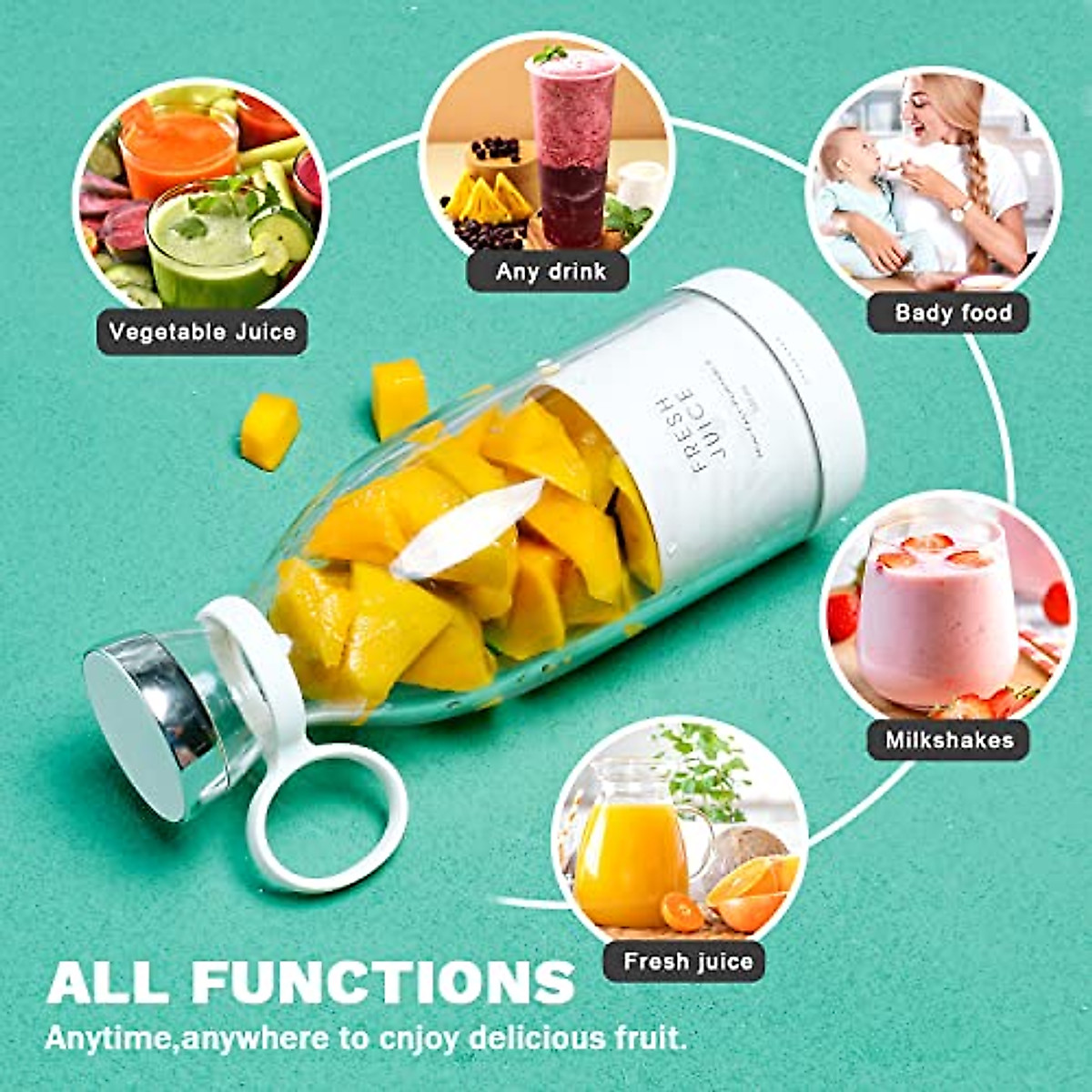 Personal Portable USB Rechargeable Electric Mini Fresh Juicer Blender and Smoothie Maker (White)