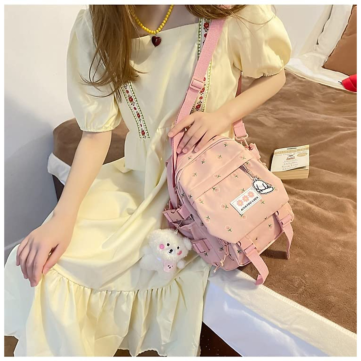 kakarin choyx Aesthetic Backpack 10.6 Inch Kawaii Backpack With Pendant Mini Backpack Cute Backpack Japanese Bag Flowers Backpack (Pink)