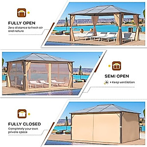 YOLENY 10'x12' Hardtop Gazebo, Outdoor Polycarbonate Roof Canopy, Aluminum Frame Permanent Pavilion with Curtains and Netting, Sunshade for Garden, Patio, Lawns
