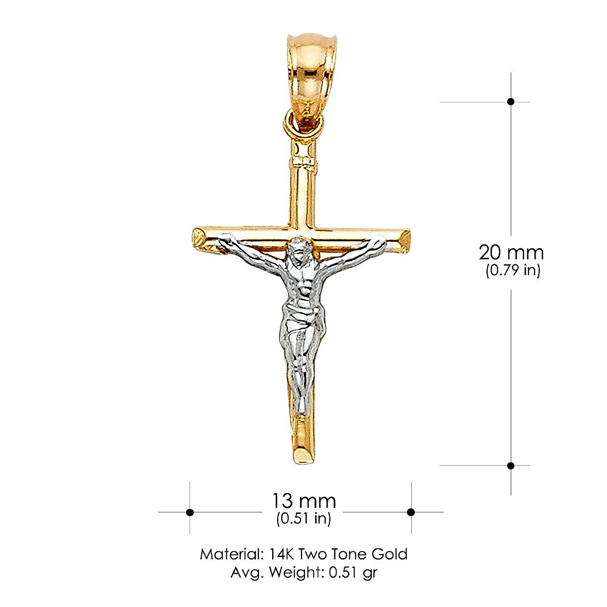 Ioka 14K Two Tone Gold Jesus Crucifix Cross Religious Charm Pendant with 0.6mm Box Chain Necklace - 16"