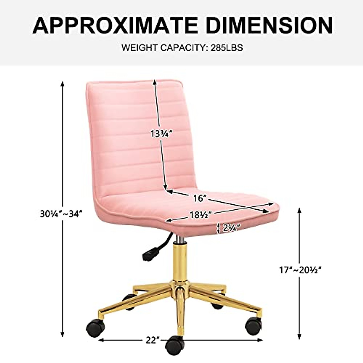 Furnimart Modern Armless Desk Chair Pink Cute Vanity Velvet Upholstered Office Chair Teen Girl Dorm Chair Mid-Back Home Office Chair Swivel Adjustable Small Chair Soft Seat (Velvet-Pink)