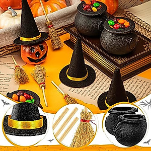 ZHWKMYP Mini Witch Hats and Brooms, 12Pcs Small Witch Hat for Crafts Kit, Witches Broom and Black Candy Cauldron Kettles for Halloween Decorations Party Supplies