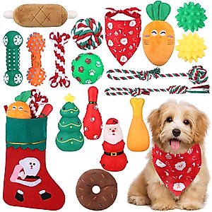 Talltalk 18 Pcs Dog Christmas Stocking with Toys Puppy Chew Toys Set for Small Medium Dogs Squeaky Xmas Puppy Chew Toys Colored Interactive Toys Dogs Training Dental Health Cotton Rope Toys Xmas Gifts