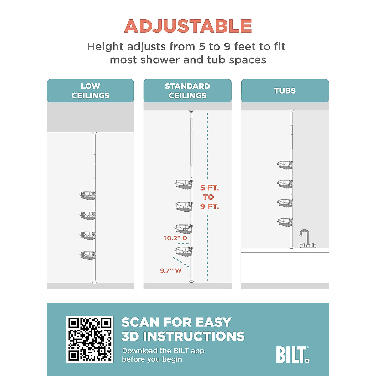 Zenna Home Tension Pole Shower Caddy with 4 Shelves and Hooks, Satin Chrome, 60-108 Inch – Rustproof Standing Corner Shower Organizer Shelf – Sturdy Adjustable Shower Rack for Bathroom Essentials