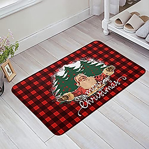 Christmas Bath Rugs Santa Claus Xmas Trees Sponge Doormat Absorbent Non Slip Backing Durable Soft Flannel Mat Red Black Buffalo Plaid Christmas Memory Foam Mats for Bathroom Kitchen 18 x 30 inches