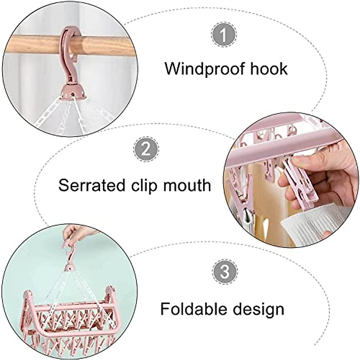 MENFENG Clothes Drying Hanger and Drip Foldable Hanging Sock Rack（32 Clips ） Multifunction Clothes Drying Rack，Rotary Wind-Sock Hanger for Washing line，for Socks, Underwear, Bras, Baby Clothes (Pink)