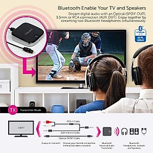Aluratek ADB1B Bluetooth Audio Receiver and Transmitter, 2-in-1 Wireless 3.5mm, AUX, Optical Audio Adapter, Pairing with 2 Bluetooth Headphones Simultaneously in Transmitter Mode, Small
