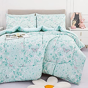 Viviland Twin Butterfly Comforter Set for Girls - Kids Brushed Microfiber Twin Bedding Set - 5 Pieces Machine Washable Bed in A Bag with Soft Comforters, Sheet Set, Shams - Pale Green