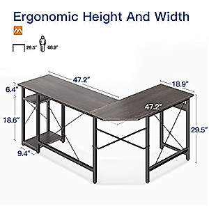 Coleshome L Shaped Computer Desk 66" with Storage Shelves, Corner Gaming Desk, Sturdy Writing Desk Workstation, Modern Wooden Desk Office Desk, Wood & Metal, Grey Oak