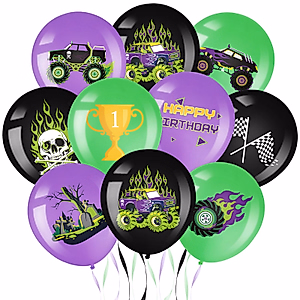 Silipull 54 Pcs Truck Balloons Birthday Party Decoration Truck Birthday Party Supplies 12 Inch Green and Purple Balloons Kit Race Car Decorations Latex Balloons for Truck Theme Birthday Baby Shower