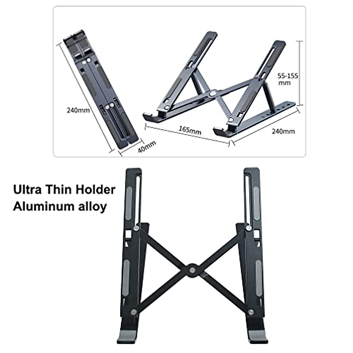 DTech Fold Flat Laptop Stand Riser Holder Dock Adjustable Height Aluminum Alloy Nonslip Adhesive Portable Foldable Computer Cradle for Travel Home Office Desk Notebook Tablet 9- 15.6 inch, Black